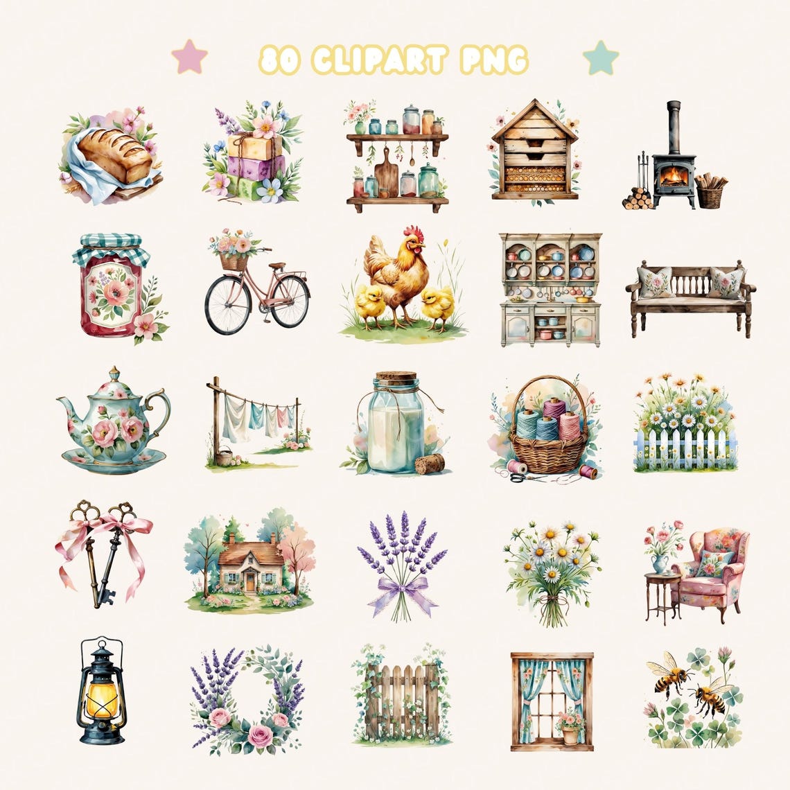 Watercolor Cottagecore Clipart Bundle, 80 Rustic Floral PNG ...