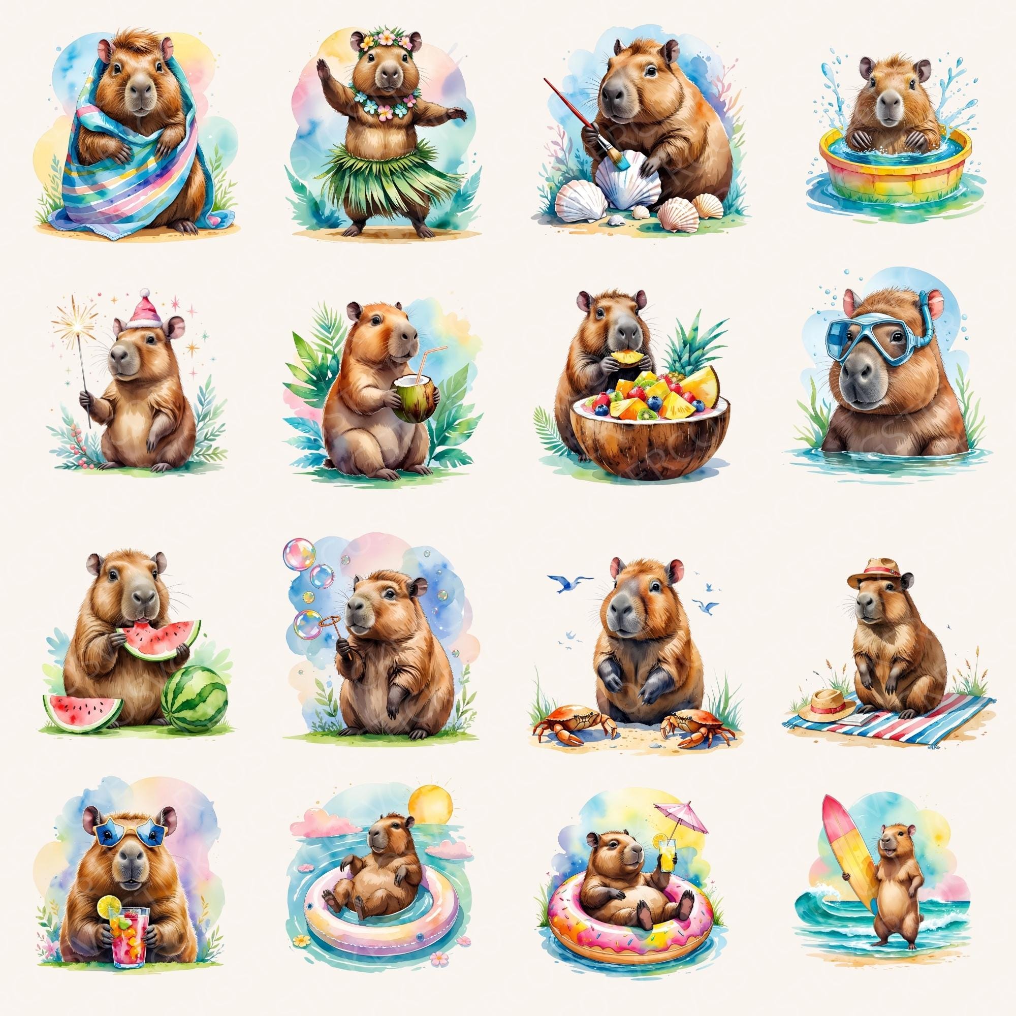 Watercolor Capybara Clipart Bundle, 40 Summer Animal PNG Designs for ...