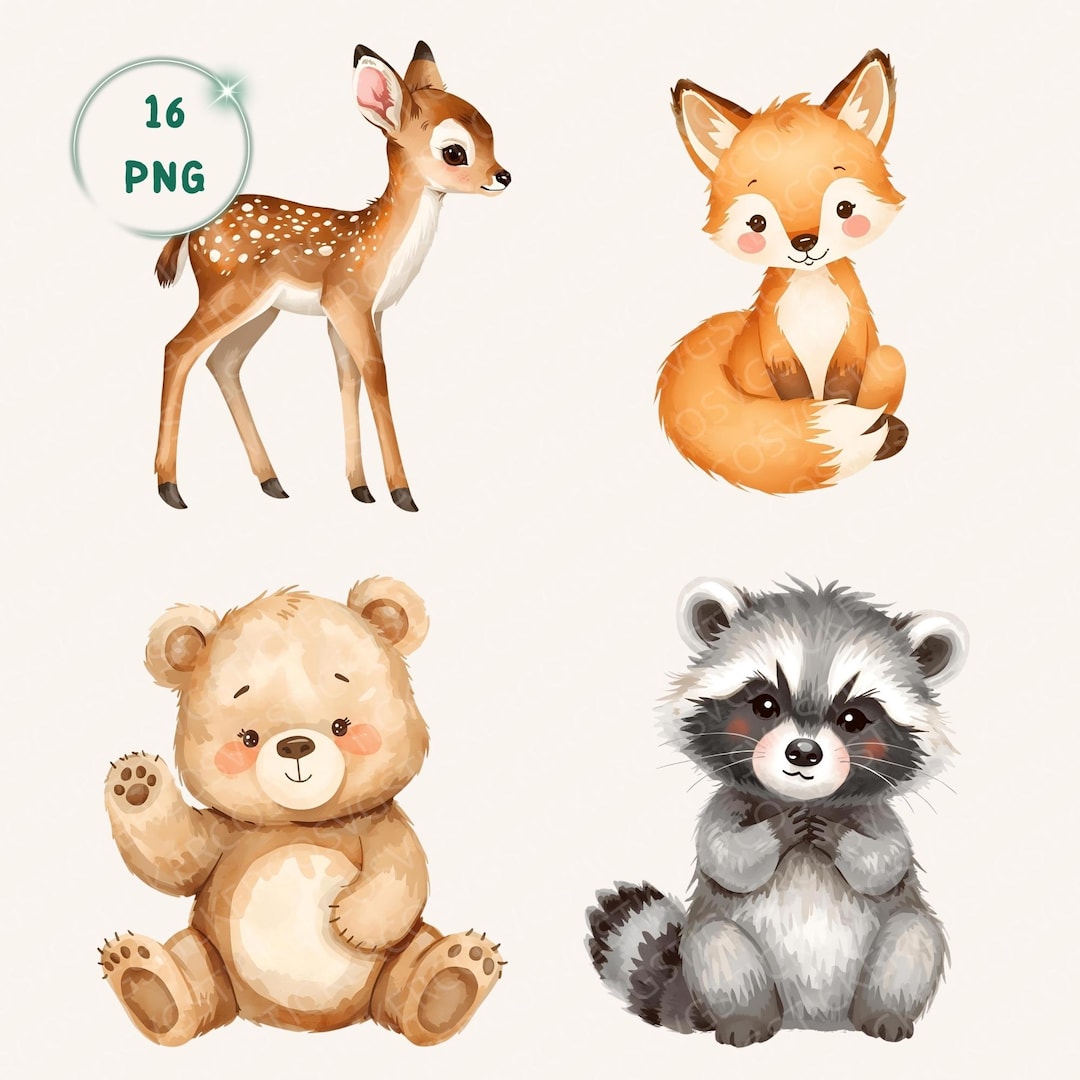 Watercolor Woodland Animal Clipart PNG Bundle for Wild One Baby Shower ...