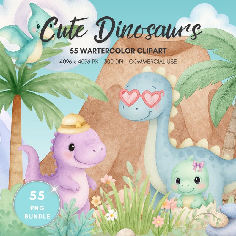 Watercolor Baby Dinosaurs Clipart Bundle, 55 Cute Dinosaurs Png Designs ...