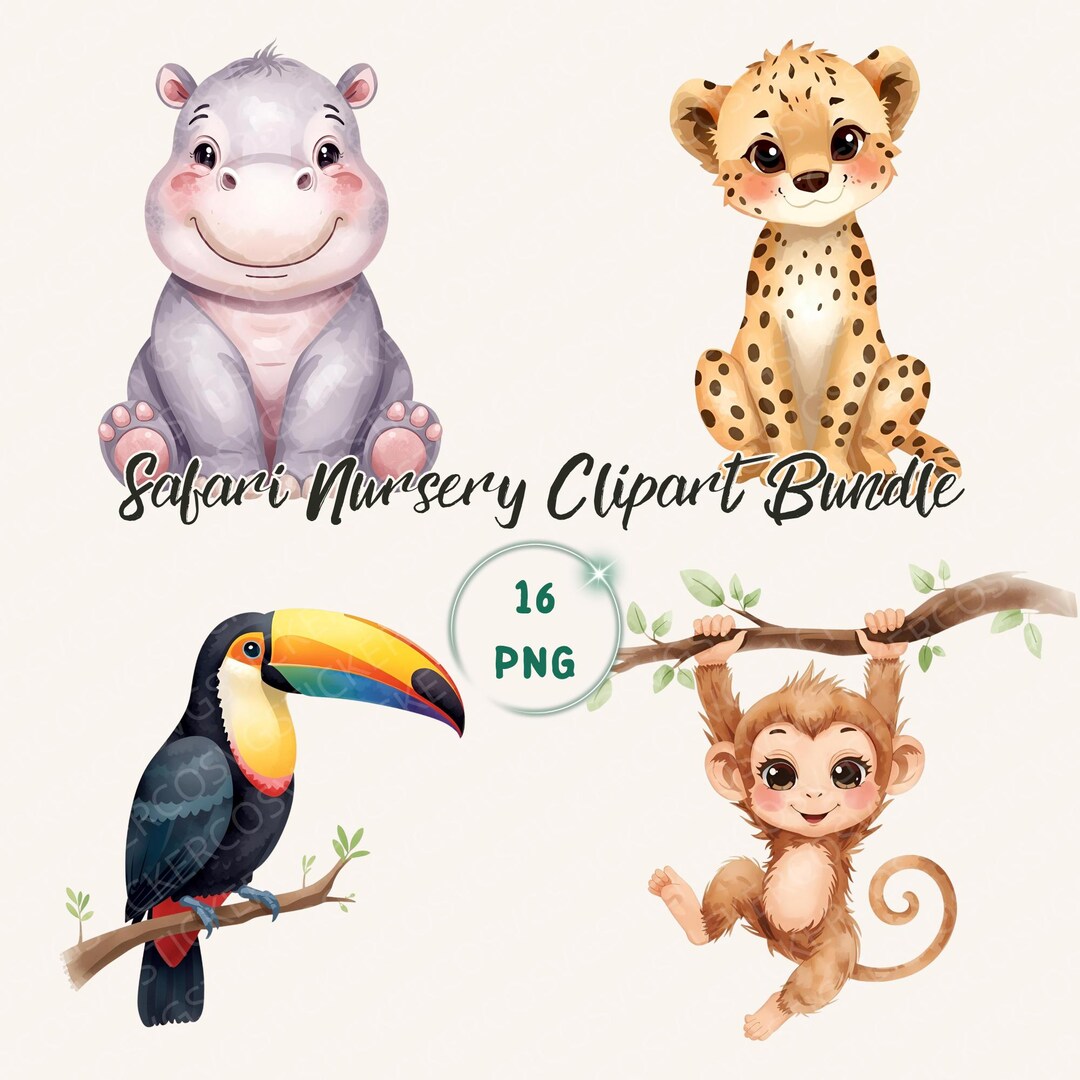 Watercolor Jungle Safari Clipart PNG Bundle for Wild One Birthday and ...