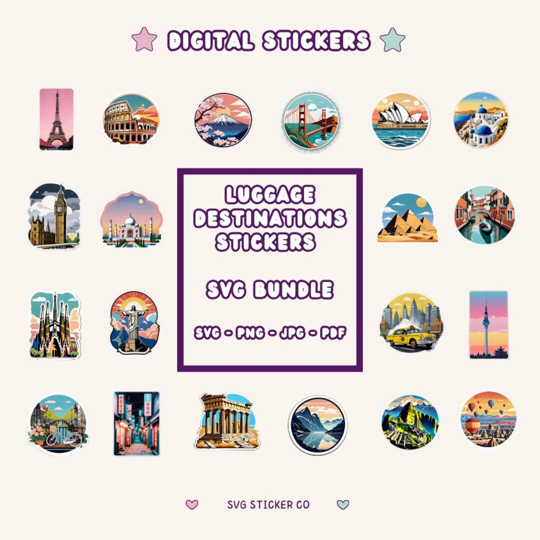 Luggage Stickers Pack | 20 Printable Travel Stickers | PNG JPG SVG ...