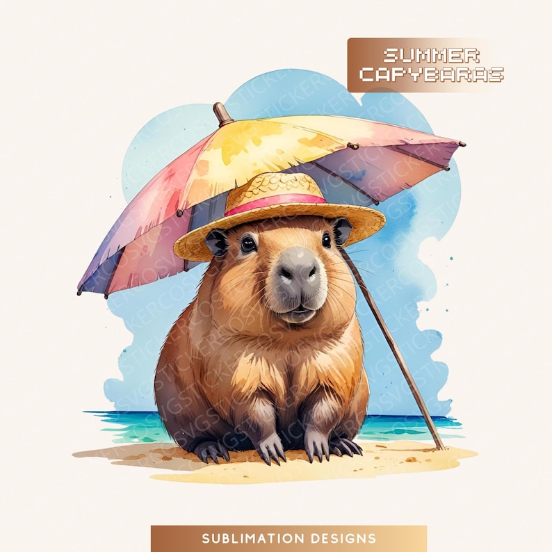 Watercolor Capybara Clipart Bundle, 40 Summer Animal PNG Designs for ...