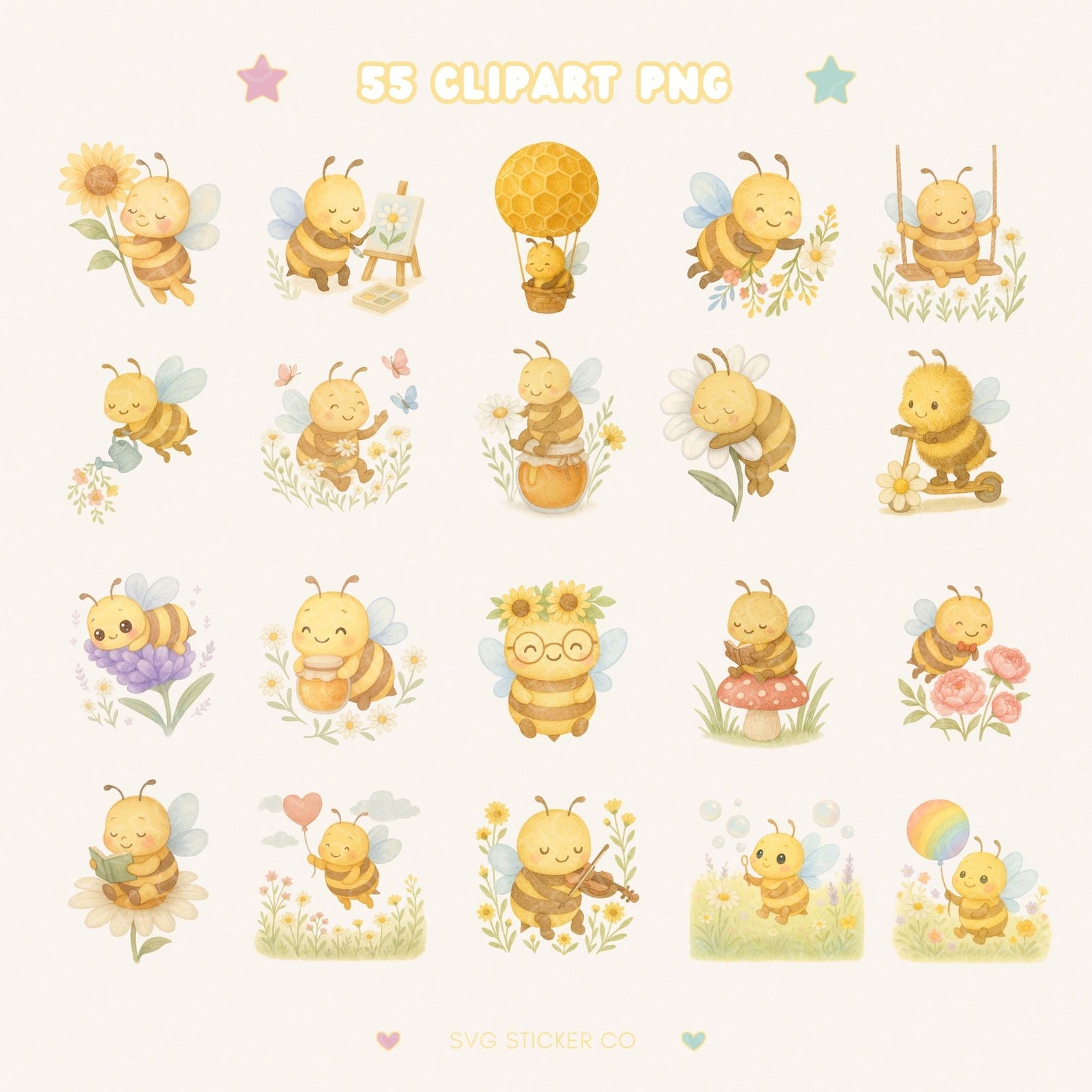 Watercolor Little Bee Clipart Bundle, 55 Cute Bee Designs, Bee and ...