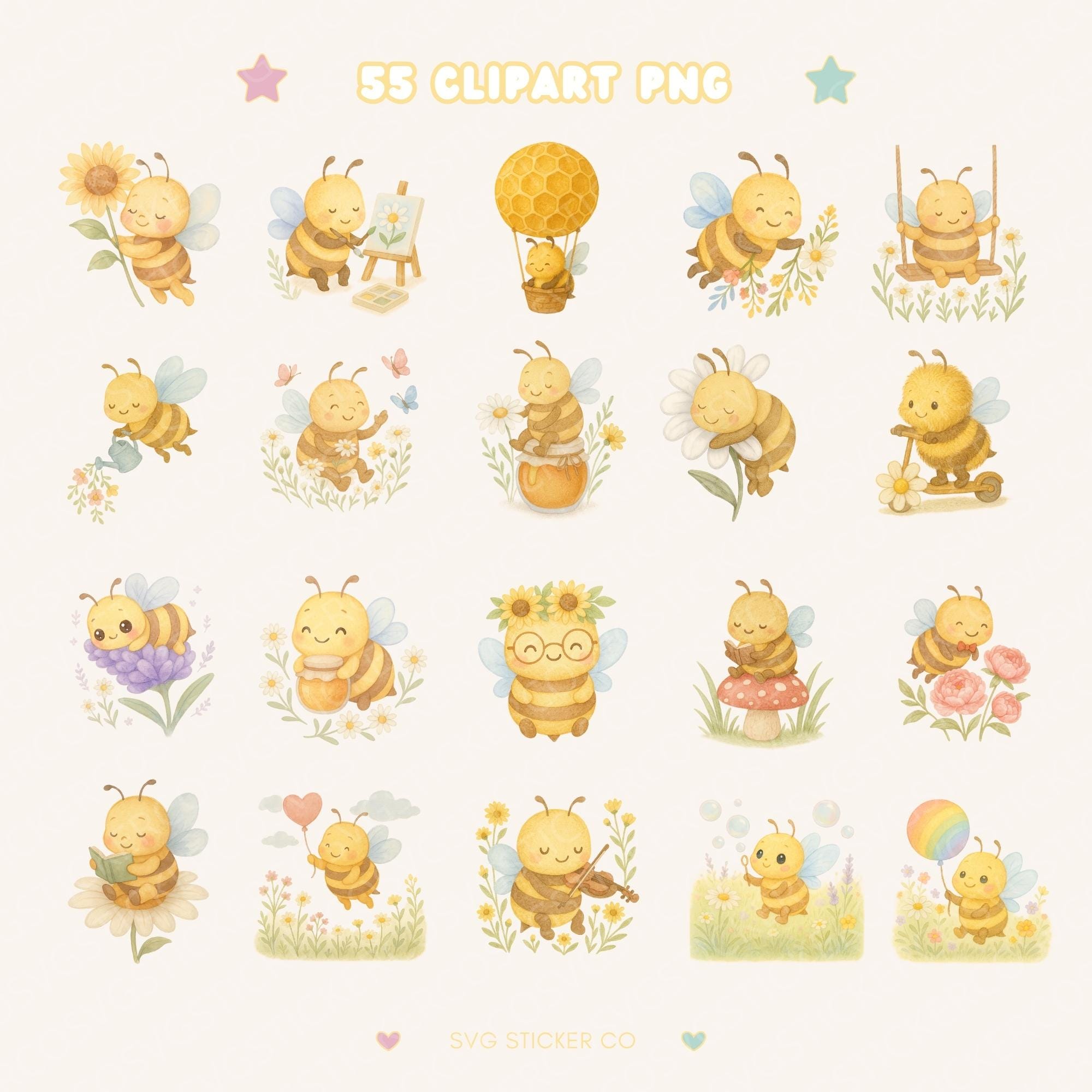 Watercolor Little Bee Clipart Bundle, 55 Cute Bee Designs, Bee and ...