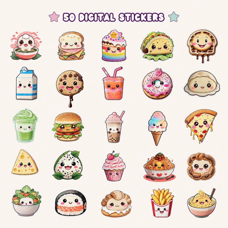 Kawaii Food Stickers Bundle, 50 Food PNG SVG for Planner, Cricut ...