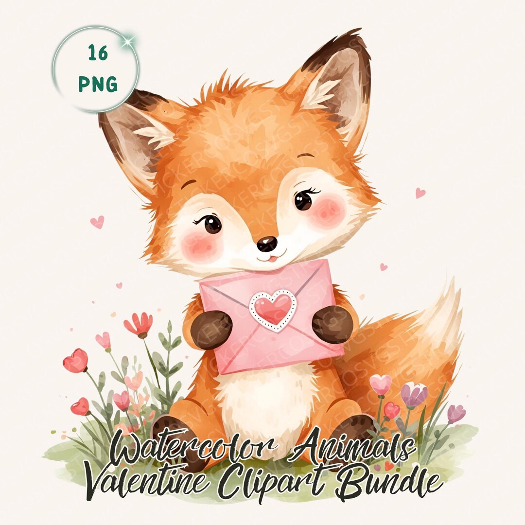 Watercolor Animals Valentine Clipart Bundle, 16 Baby Animal PNG Designs ...