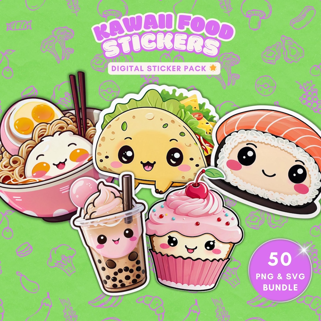 Kawaii Food Stickers Bundle, 50 Food PNG SVG for Planner, Cricut ...