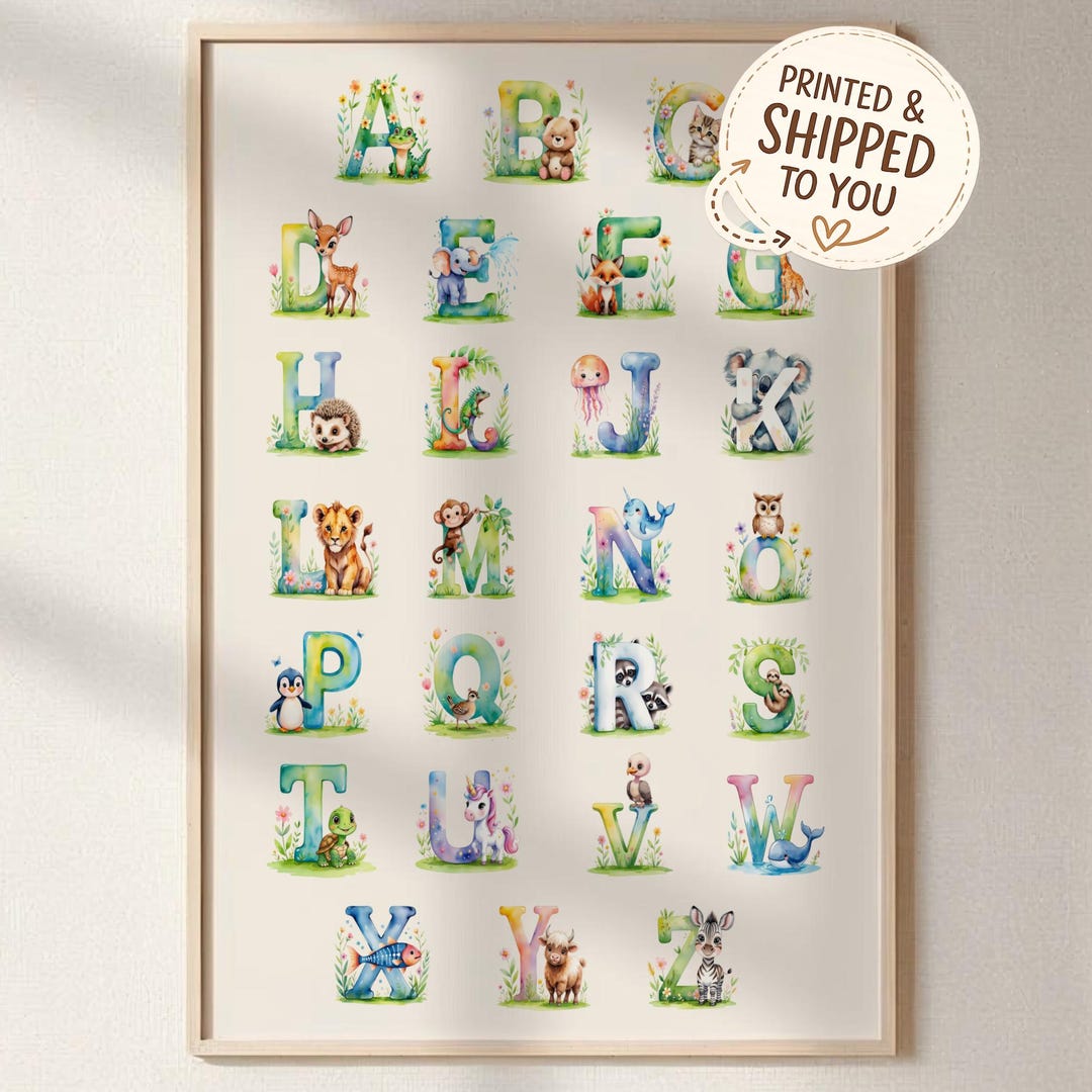 Unframed Watercolor Safari Animal Alphabet Poster, Educational ...