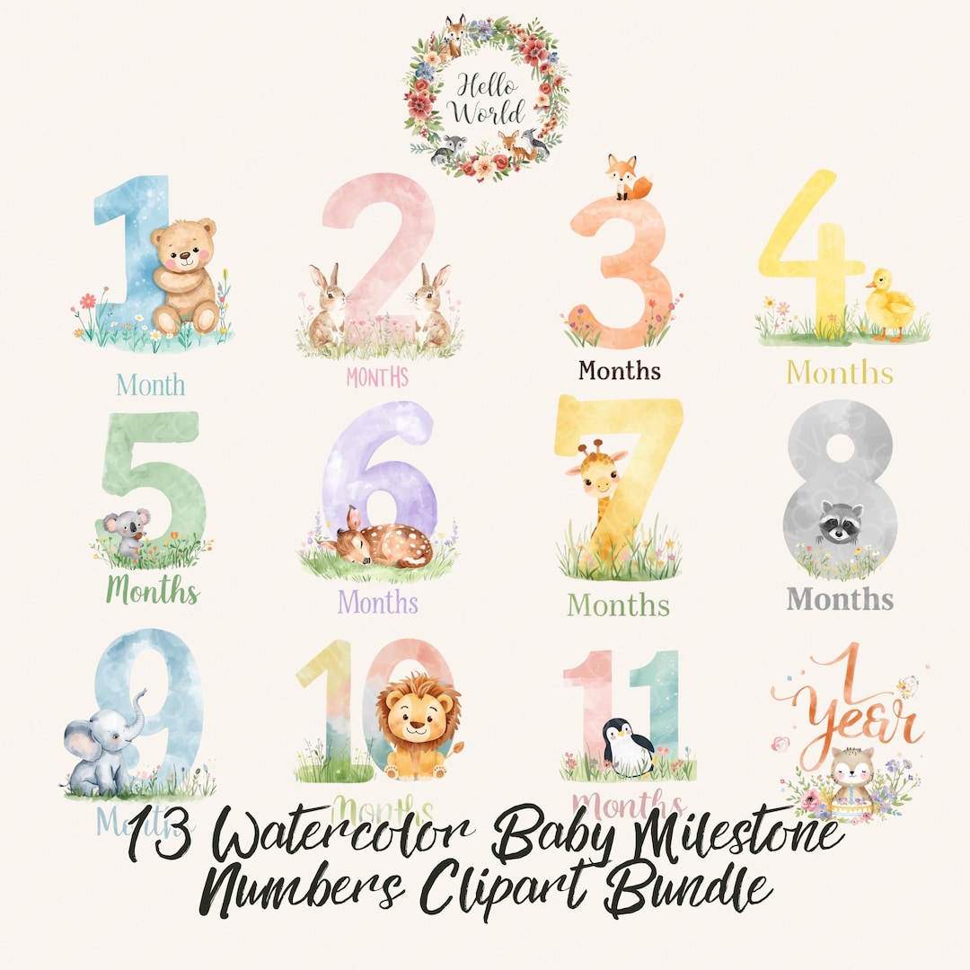 Watercolor Baby Milestone Clipart Bundle, Animal Monthly Numbers PNG ...