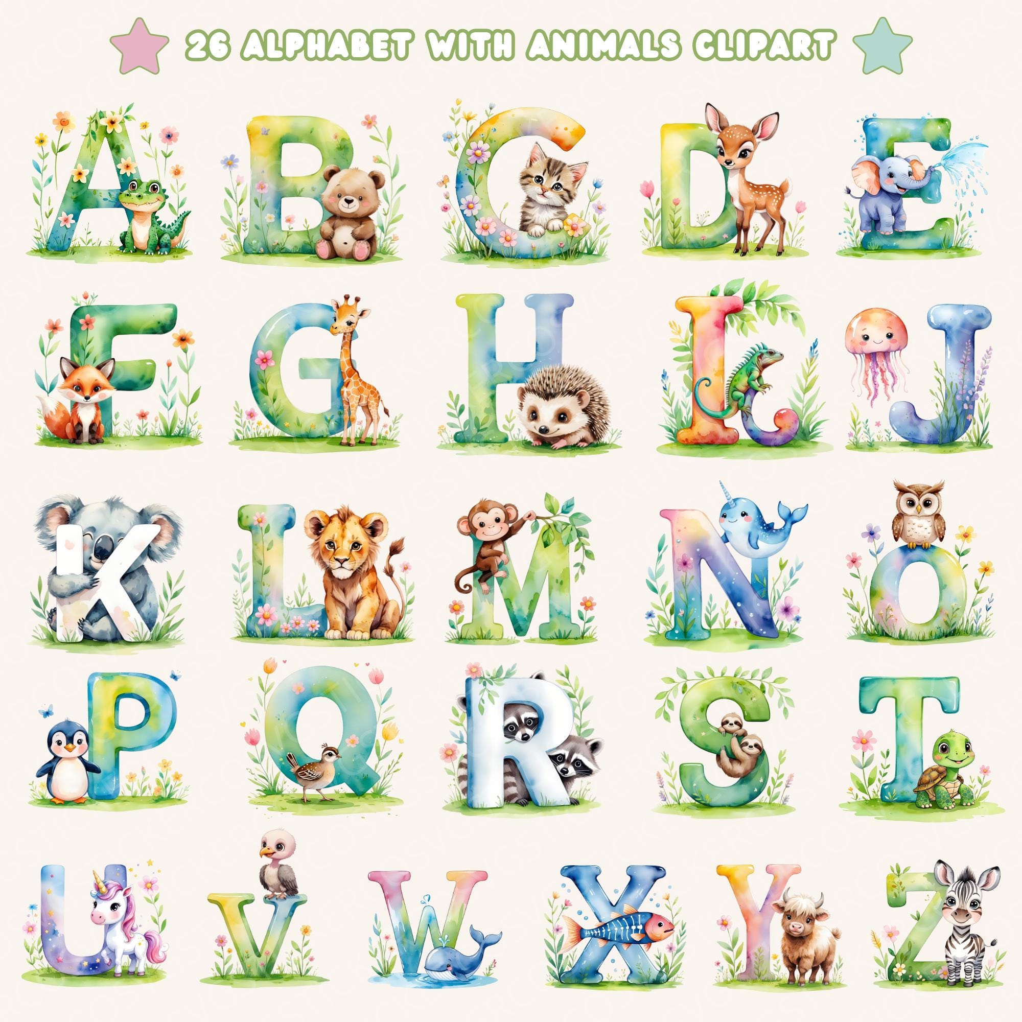 Watercolor Animal Alphabet Clipart and Milestone Numbers PNG Bundle for ...