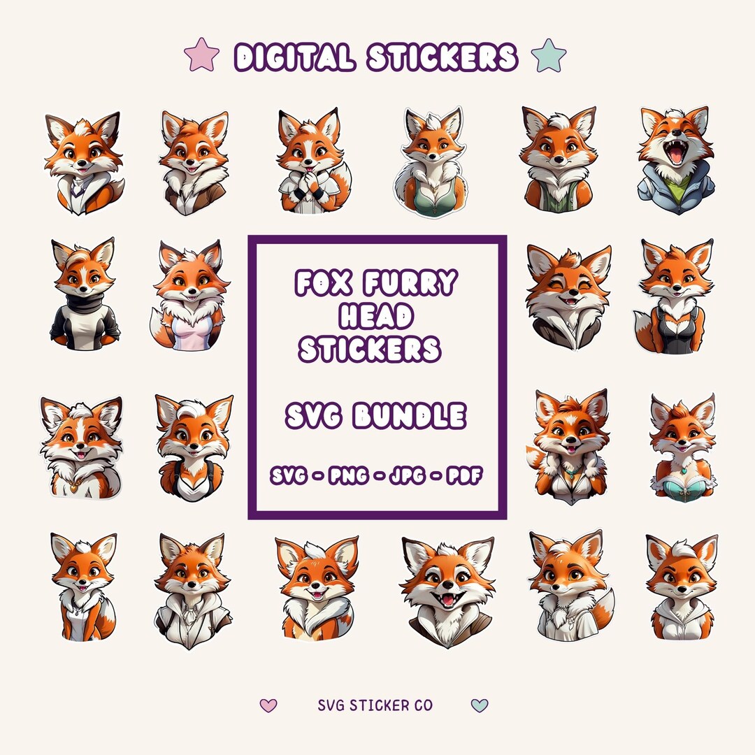 Fox Furry Head Stickers, 20 Fursuit Style PNG Designs for Planners ...