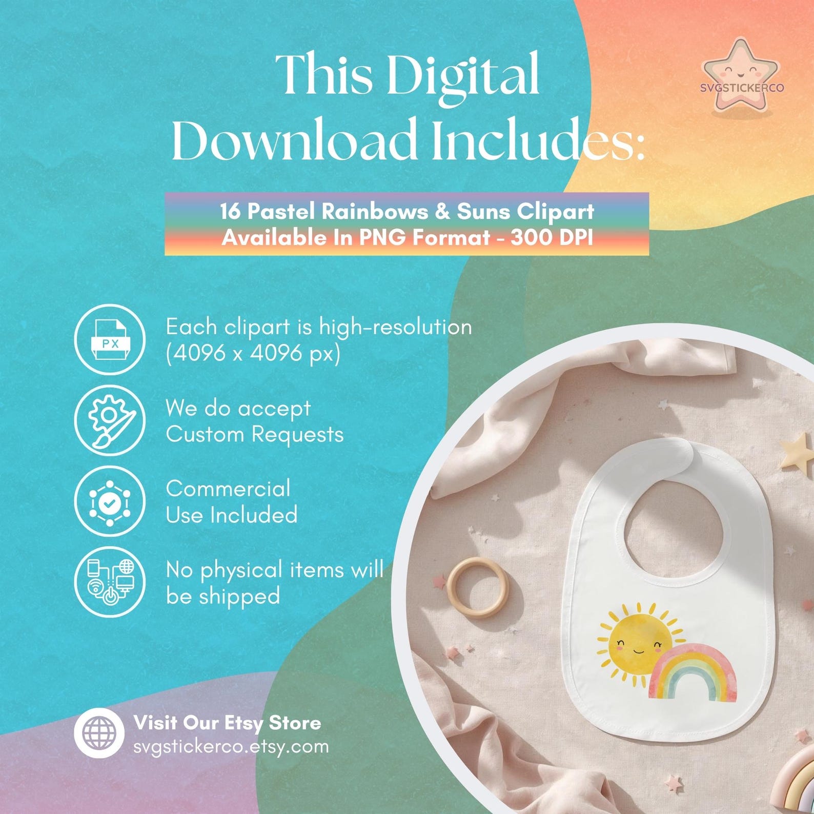 Watercolor Boho Rainbow Clipart and Sun PNG for Nursery Decor and Baby ...