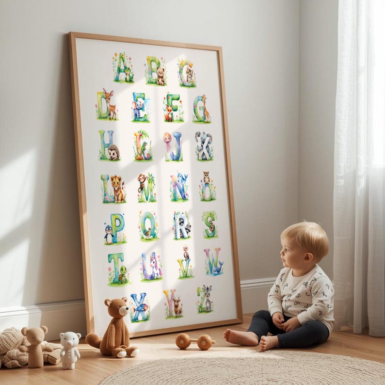 Unframed Watercolor Safari Animal Alphabet Poster, Educational ...