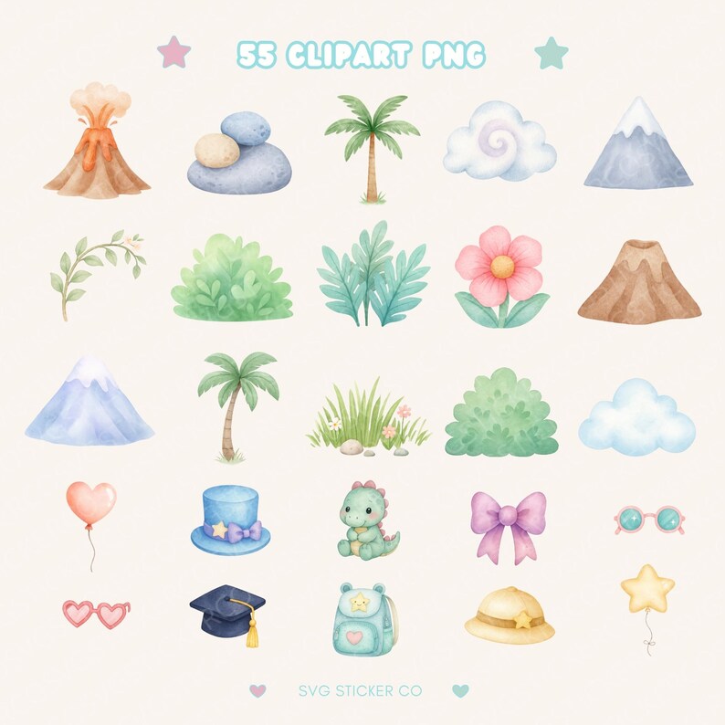 Watercolor Baby Dinosaurs Clipart Bundle, 55 Cute Dinosaurs Png Designs ...