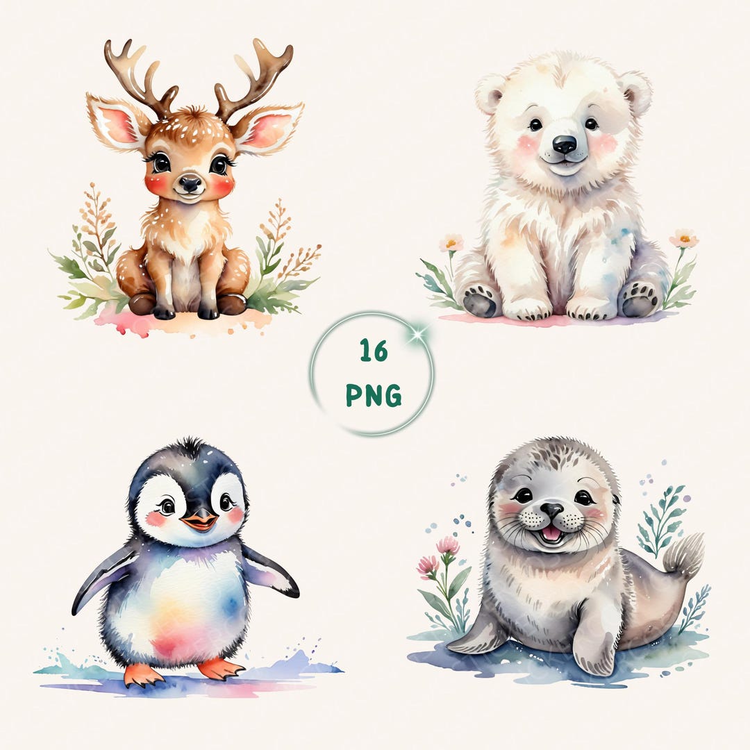 Watercolor Arctic Animals Clipart, 16 Nursery Polar Animals PNG Designs ...
