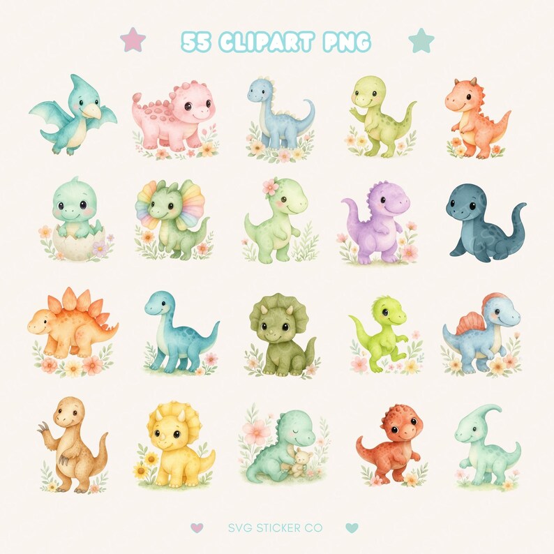 Watercolor Baby Dinosaurs Clipart Bundle, 55 Cute Dinosaurs Png Designs ...