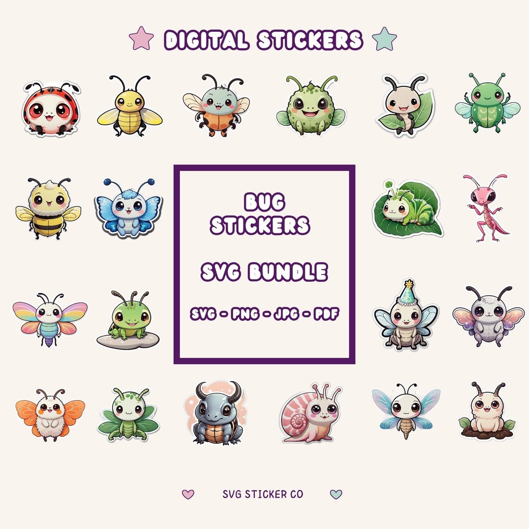 Kawaii Bug Stickers, Insect Art, Butterfly, Beetle (PNG, Digital ...