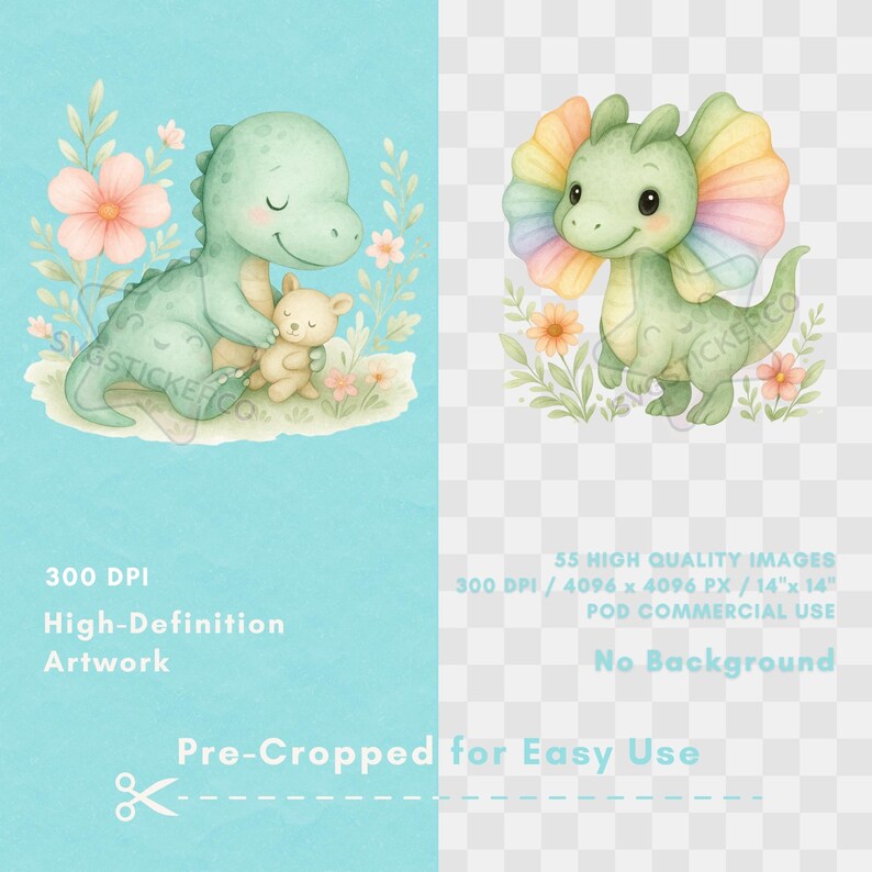 Watercolor Baby Dinosaurs Clipart Bundle, 55 Cute Dinosaurs Png Designs ...