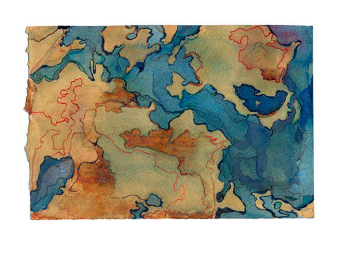Fantasy Map Art Print, Atlantis 1, Small Watercolor Print, Blue Gold ...