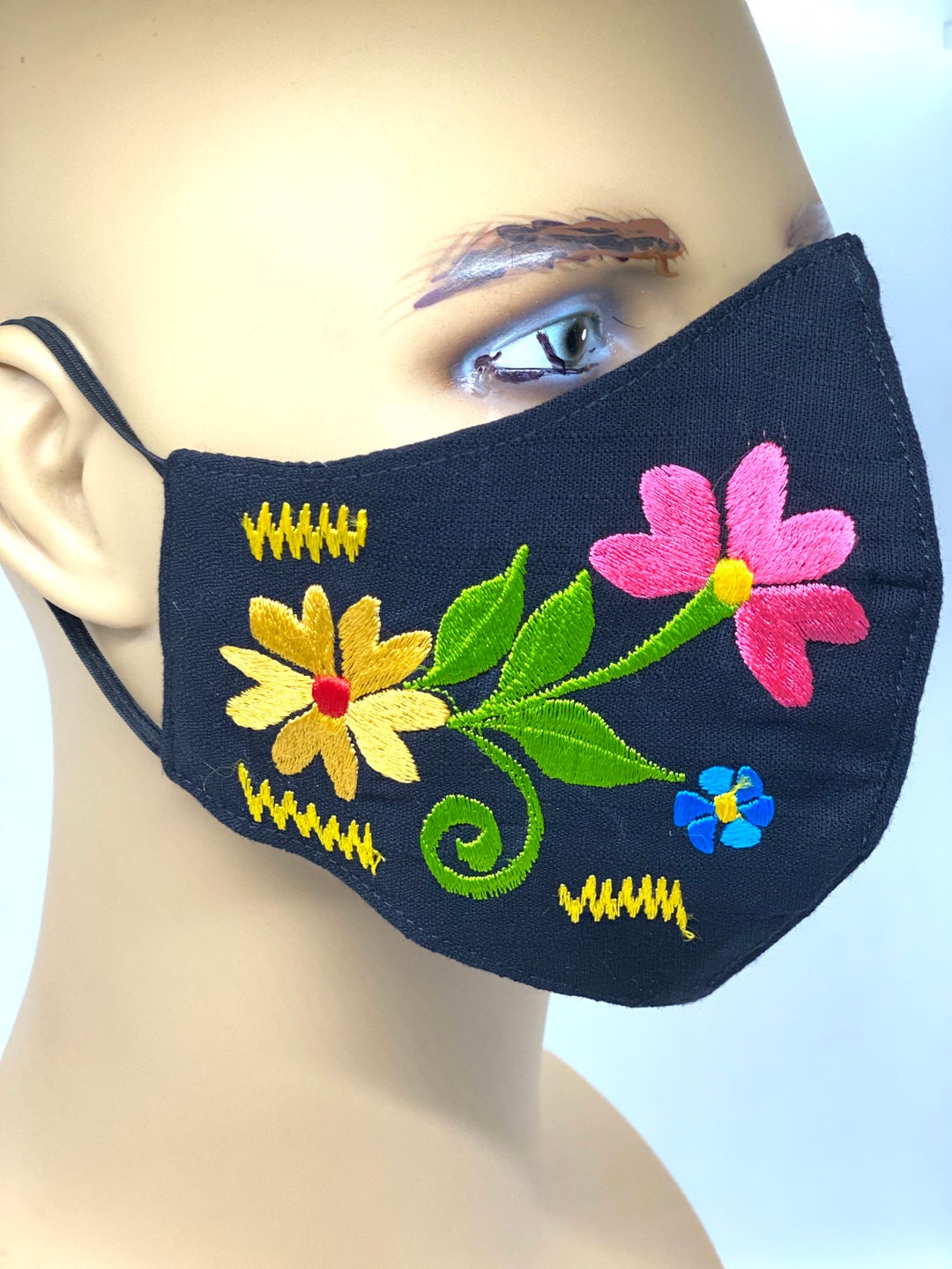 Floral Black Face Mask Flower Embroidered Hand Made Artisan Double ...