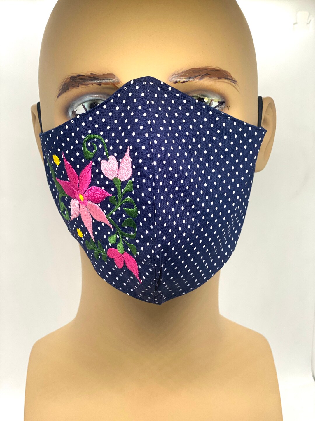 Navy Blue Polka Dot Embroidered Face Mask Floral Hand Made Artisan - Etsy