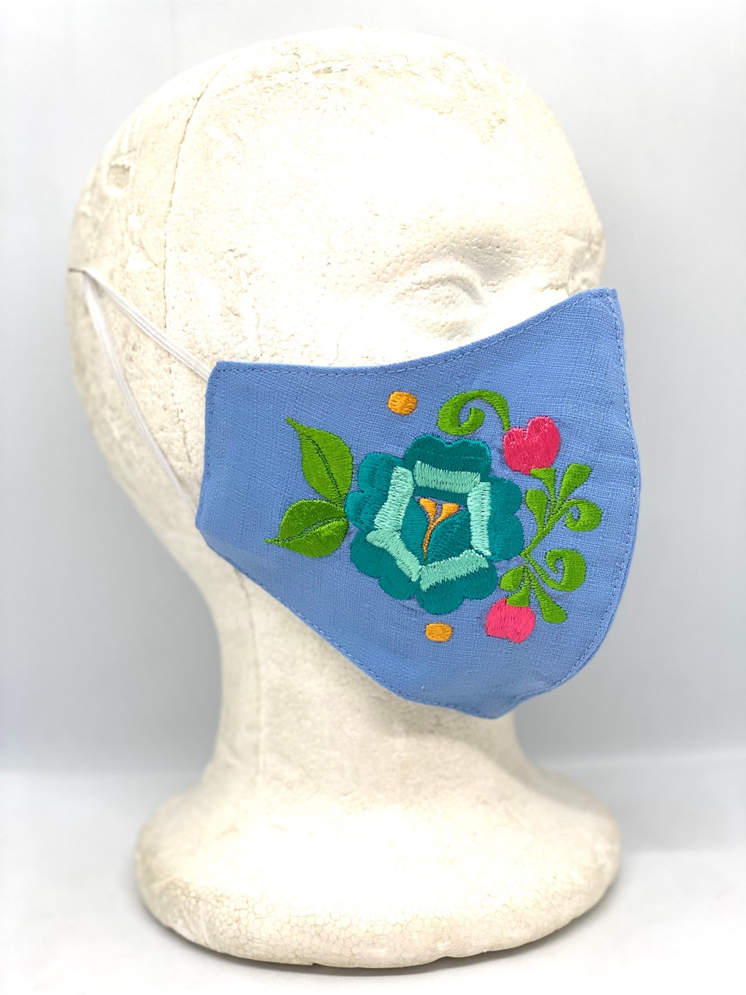 Blue Floral Face Mask Embroidered Hand Made Artisan Flower Mask - Etsy