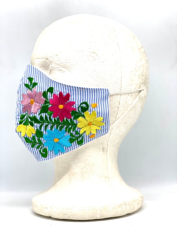 Sky Blue Face Mask Striped Flower Floral Mask Hand Made | Etsy