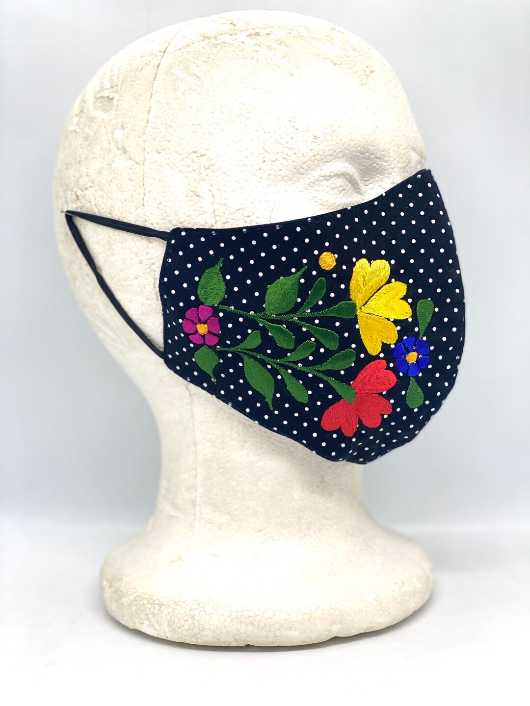 Black Polka Dot Face Mask Floral Embroidered Hand Made Artisan Flower ...