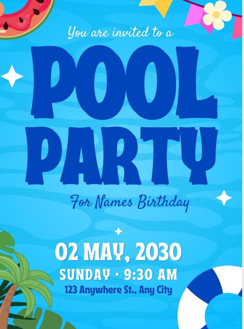 Editable Pool Party Birthday Invitation, Tropical Groovy Summer Party ...