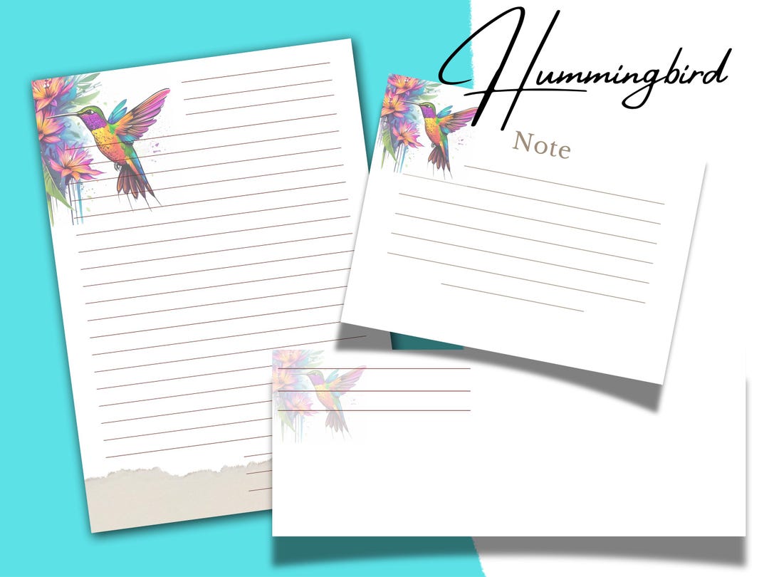 Hummingbird Watercolor Stationery Set: Floral Letterhead & Note Card ...