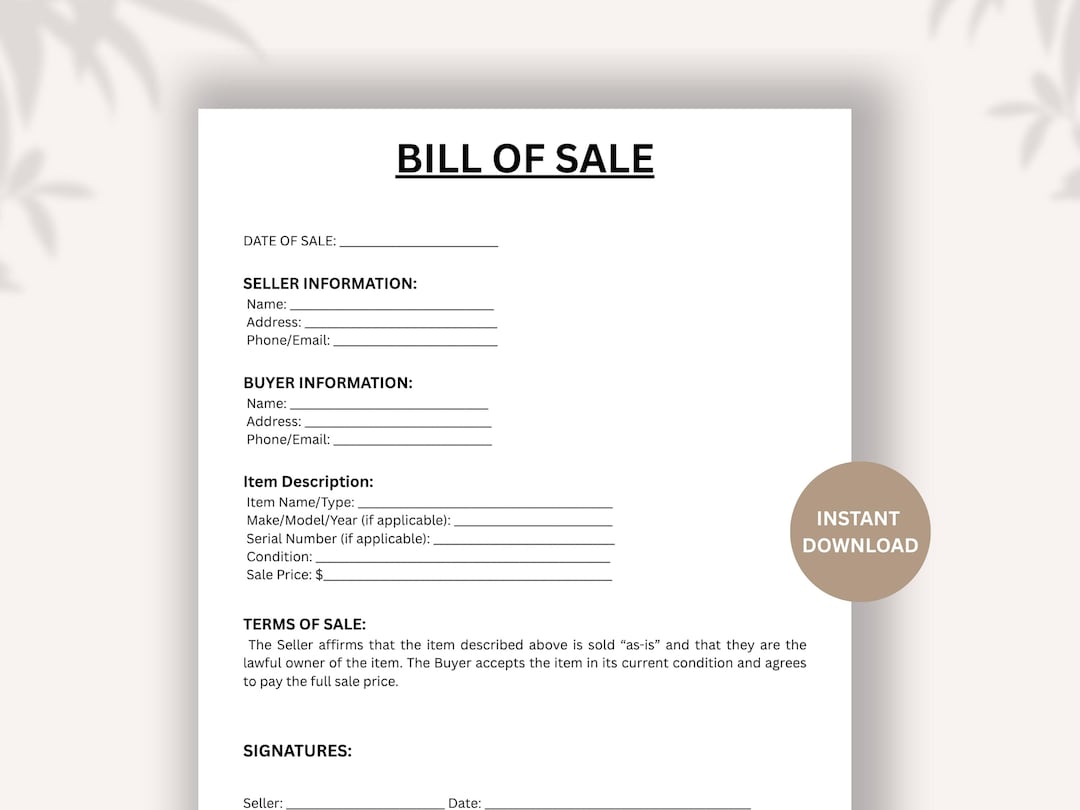 Editable Bill of Sale Template | Bill of Sale Form | Editable Sale ...