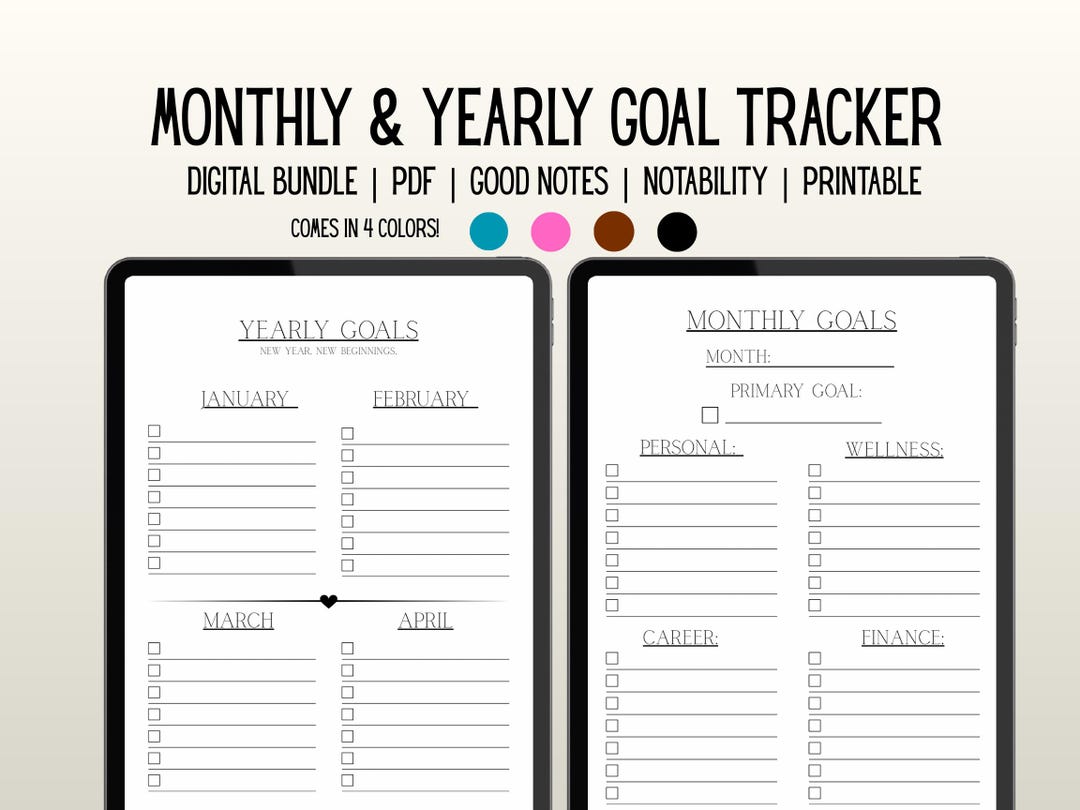 Digital Goal Tracker Bundle Monthly & Yearly Planner PDF Printable, 4 ...