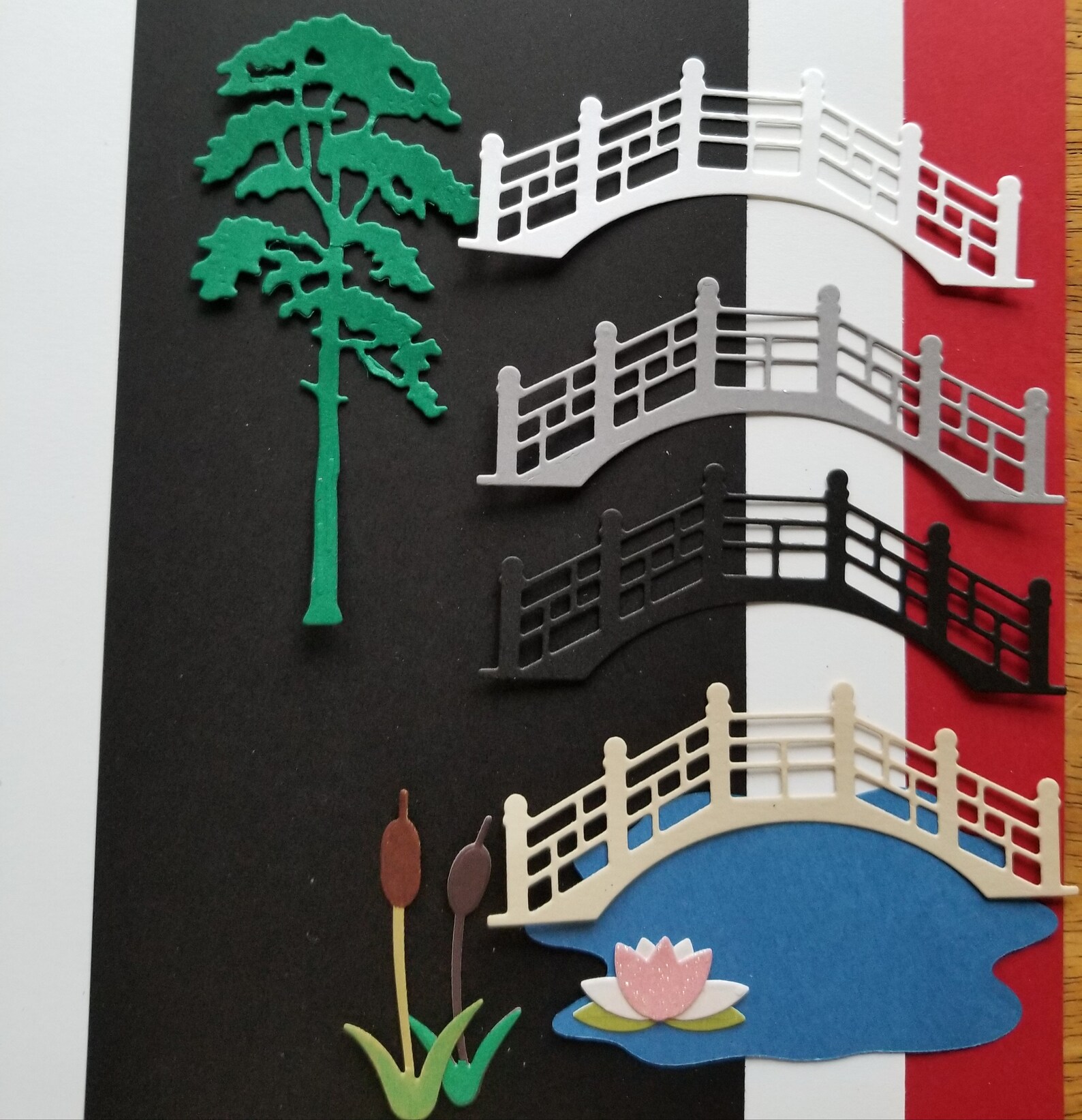 A Bridge. Die Cut Paper, 4" Wide, 5 Pieces, Garden, Pond, Asian Scene ...