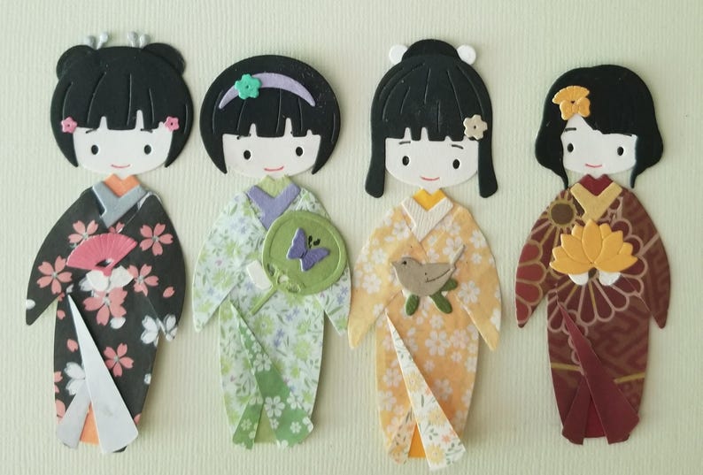 Japanese, Chinese Paper Dolls, 4 Die Cut Geisha Girls, Yuzen, Origami ...