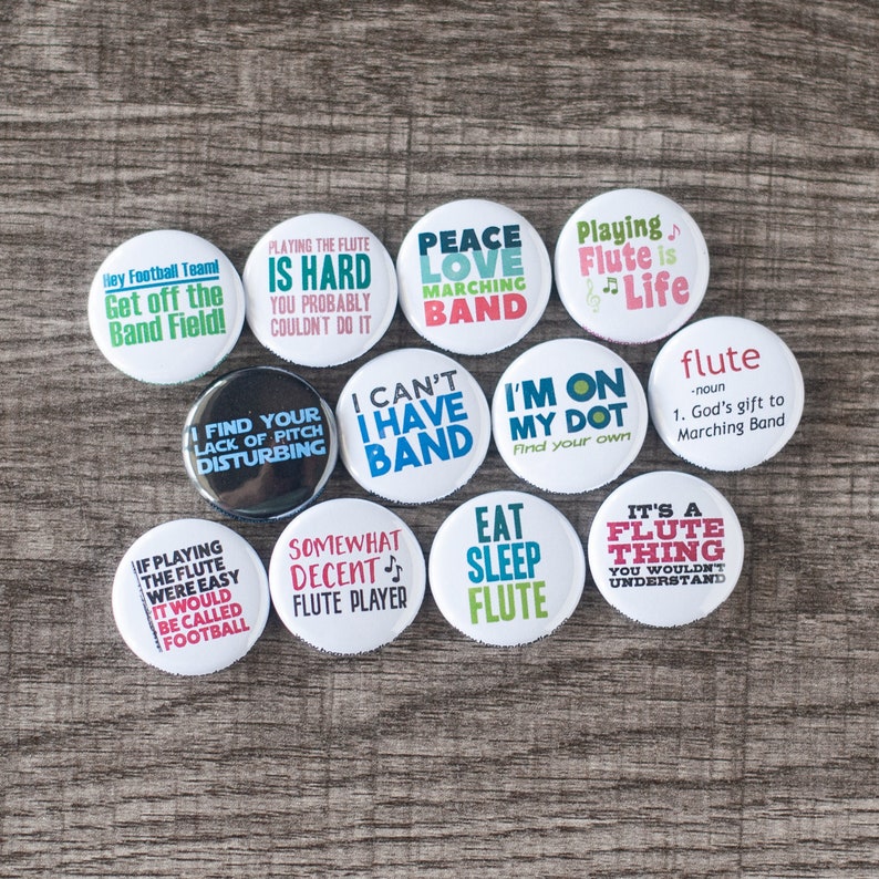 Flute and Marching Band Button Set / Set of 12 Flute 1" or 1.25" Pins ...