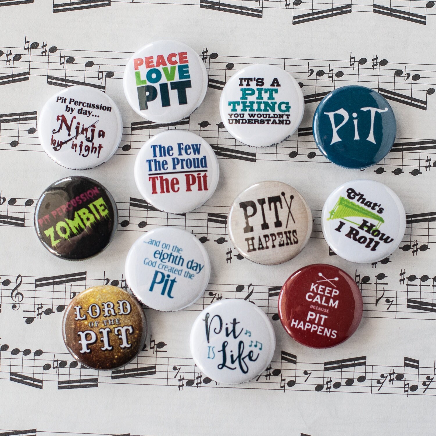 Pit Percussion Buttons / Marching Band / Set of 12 Pit 1" Pins or ...