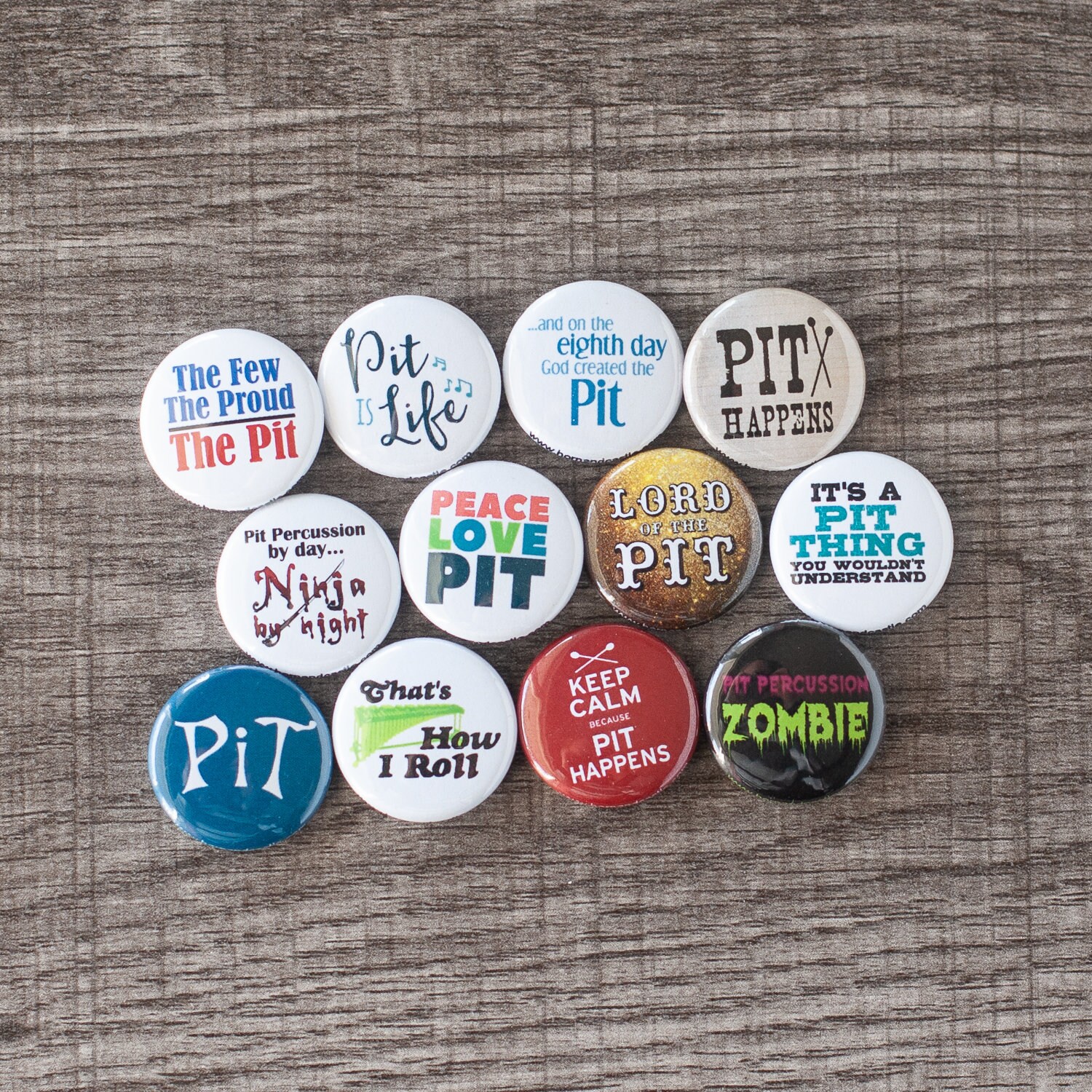 Pit Percussion Buttons / Marching Band / Set of 12 Pit 1" Pins or ...