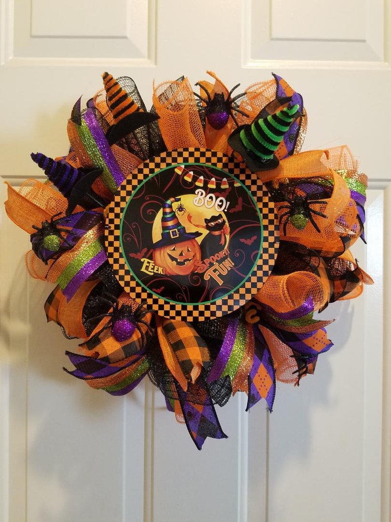 Halloween Boo Wreath Witch Hats and Spiders Wreath Pumpkin | Etsy