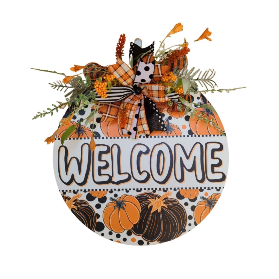 Welcome Pumpkins Orange and Black With Florals and Greenery Door Hanger ...