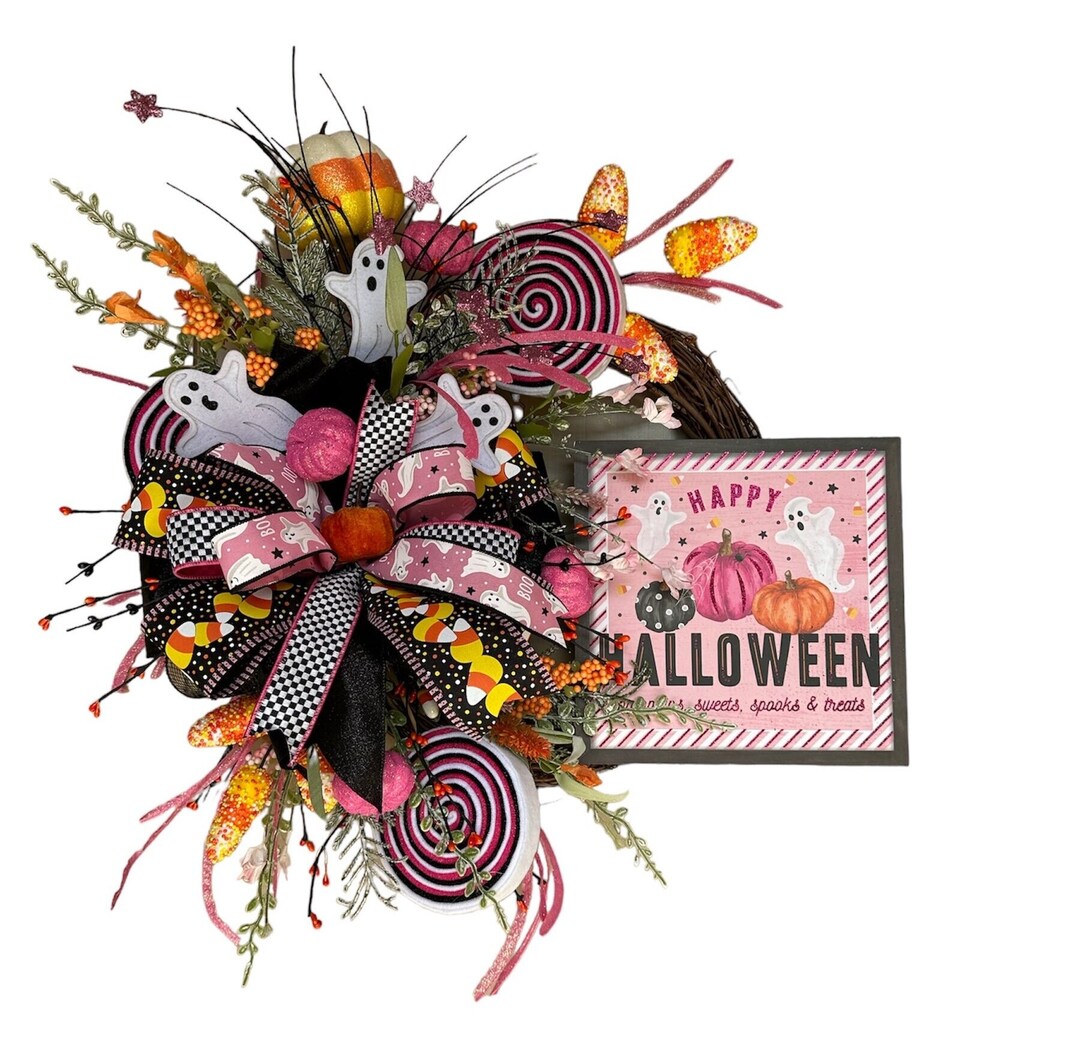 Pink & Black Halloween Wreath: Chic Ghost, Pumpkin, Candy Corn Decor - Etsy