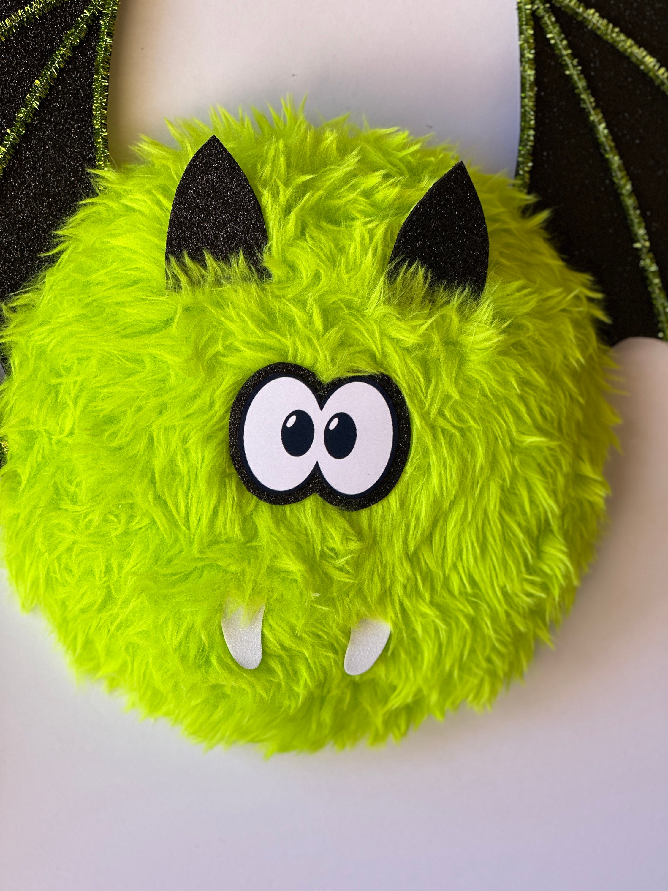 Fuzzy Green Bat Wreath Attachment: Sparkling Black Wings Halloween ...