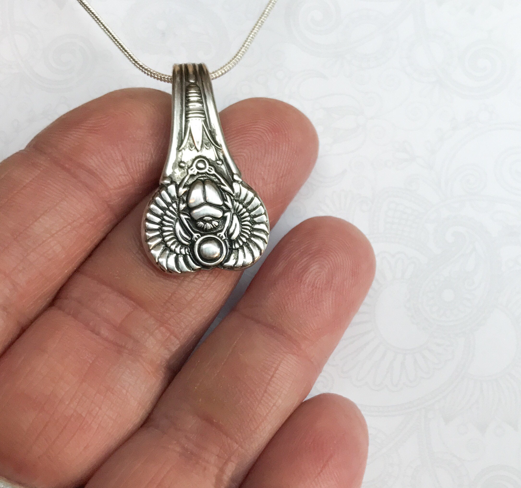 Scarab Spoon Necklace, Rare Beetle Pendant, Silverware Jewelry, Antique ...