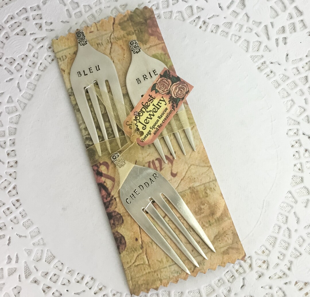 Fork Cheese Markers, Hand Stamped Vintage Forks, Bleu, Brie, Cheddar ...