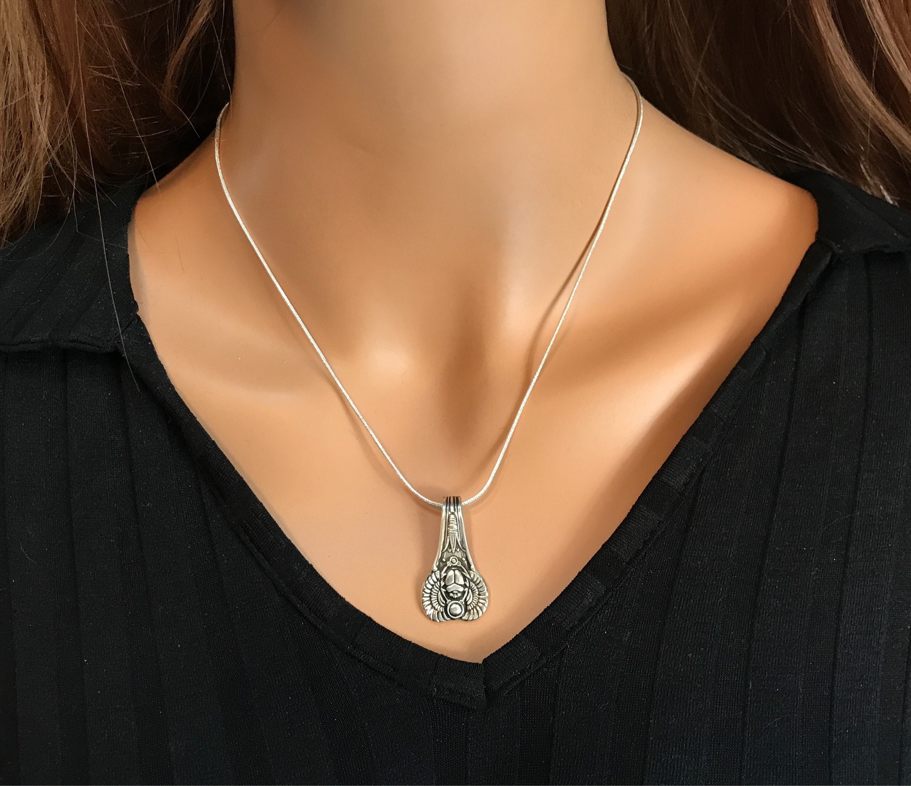 Scarab Spoon Necklace, Rare Beetle Pendant, Silverware Jewelry, Antique ...