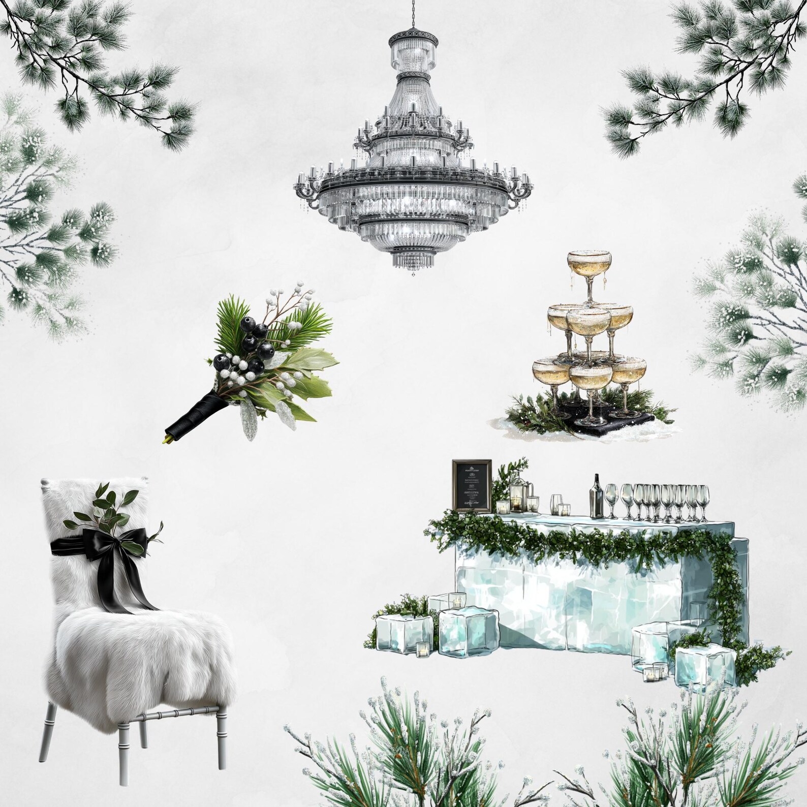 Black Tie Winter Wedding Clipart Bundle | Luxe Frost Snow Theme PNG ...
