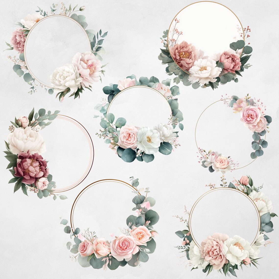 Circular Wedding Frame Floral Clipart | Round Watercolor Wreaths for ...