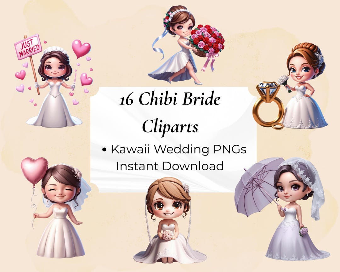 Kawaii Wedding Bride Clipart Bundle – 16 Chibi Anime Princess Poses ...