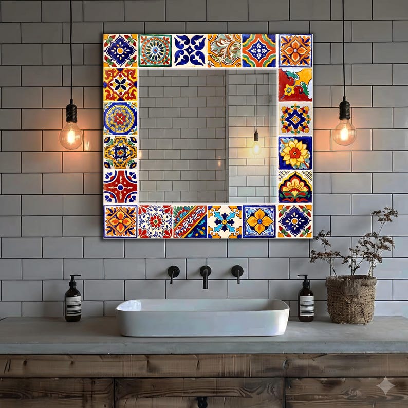 Espelho grande com azulejos mexicanos, moldura de luxo, arte de parede ...