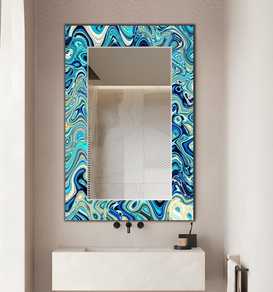 Large Blue Mirror With Marble Textures Glass Framing, Blue Waves ...